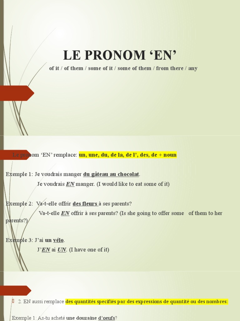 Les Pronoms y Et en | PDF | Pronom | Verbe