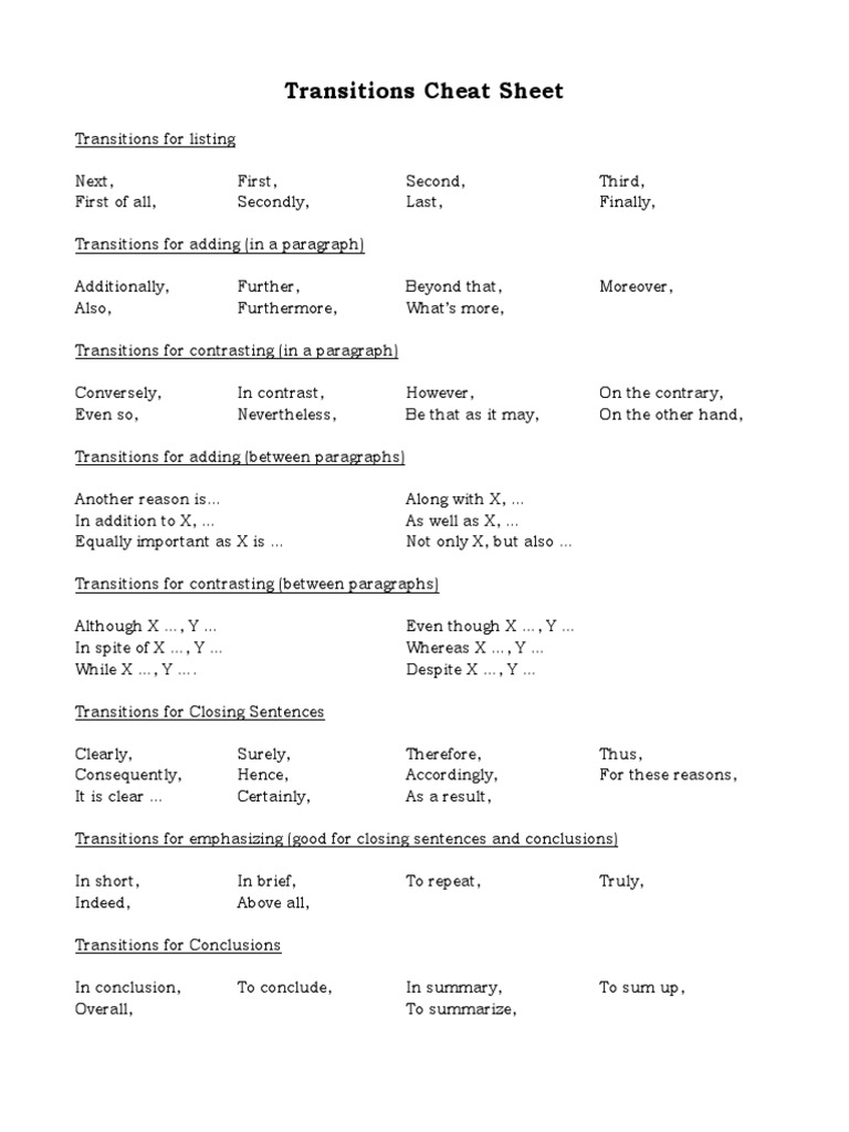 Closing Transition Words Cheat Sheet | PDF | Language Arts & Discipline