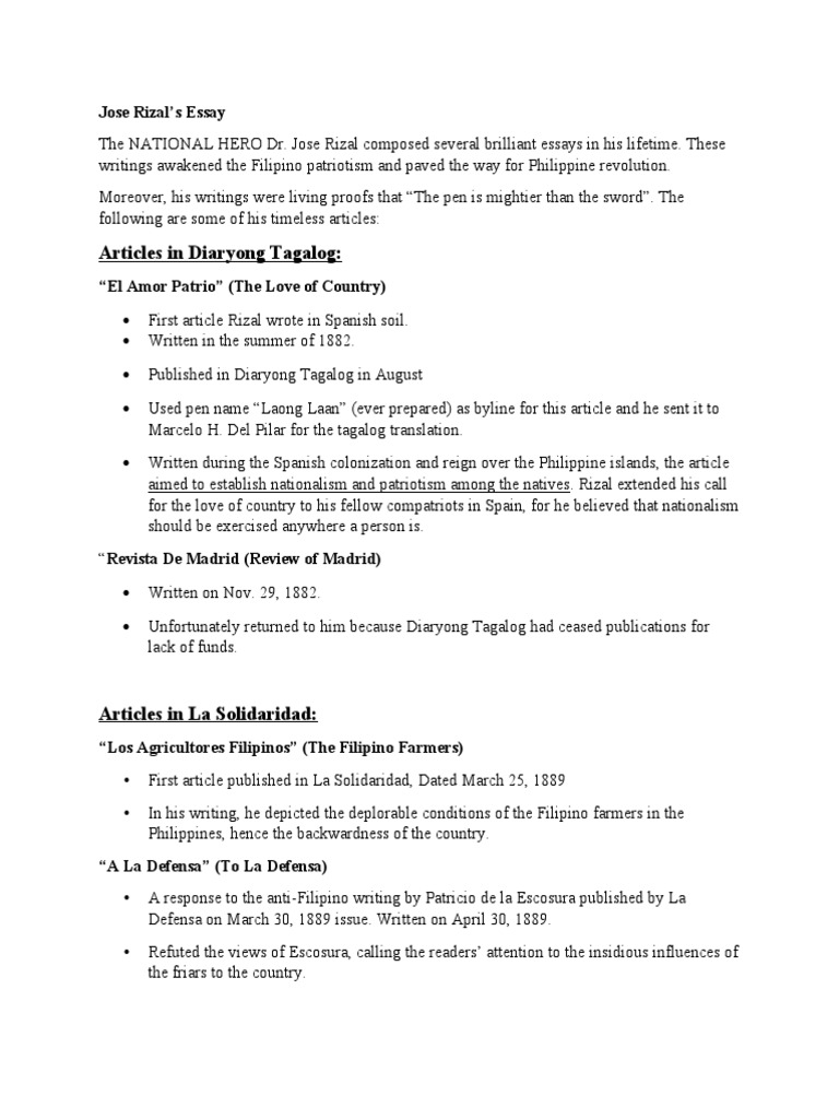 Articles in Diaryong Tagalog:: Jose Rizal's Essay | Download Free PDF ...
