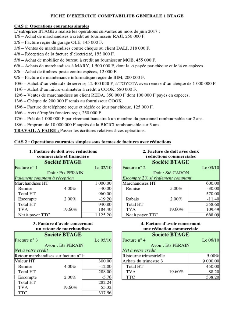 Fiche D'exercice Comptabilite Generale 1 - Btage - 2023 | PDF | Facture | Taxe sur la valeur ajoutée