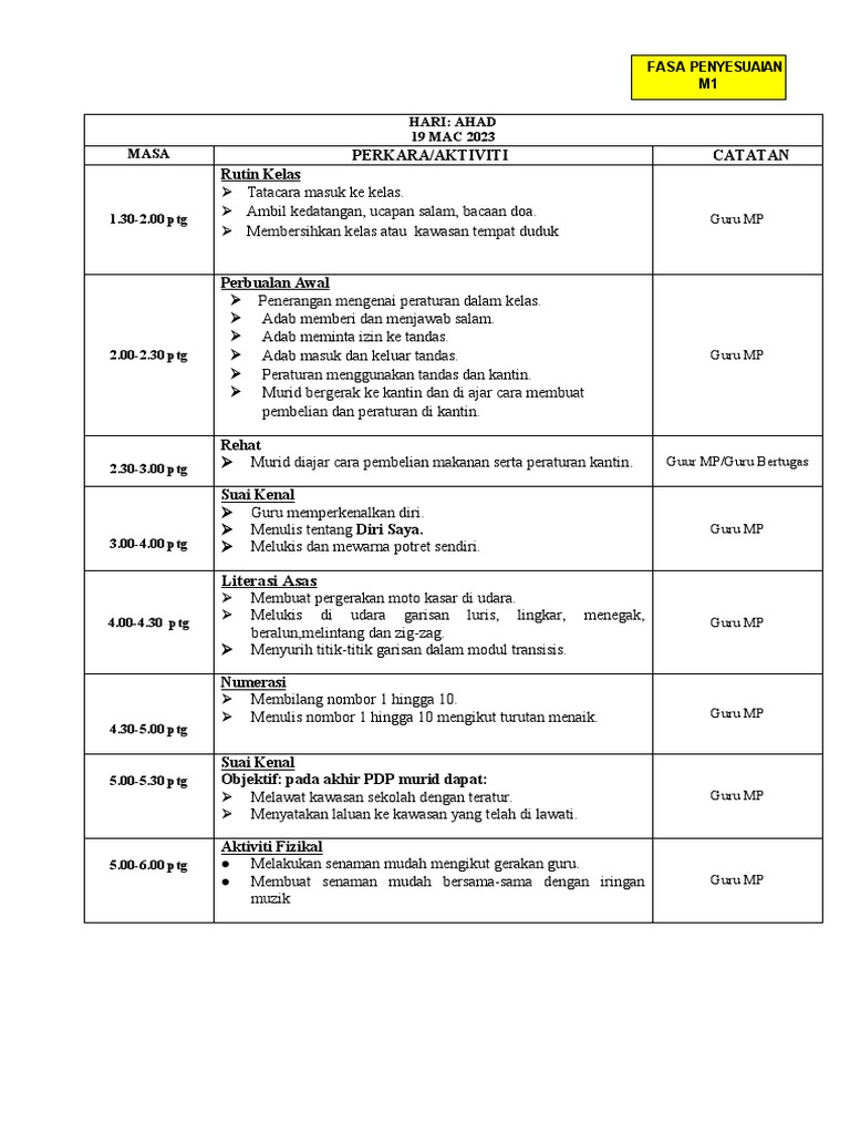Jadual Minggu Penyesuaian Program Transisi Tahun 1 | PDF