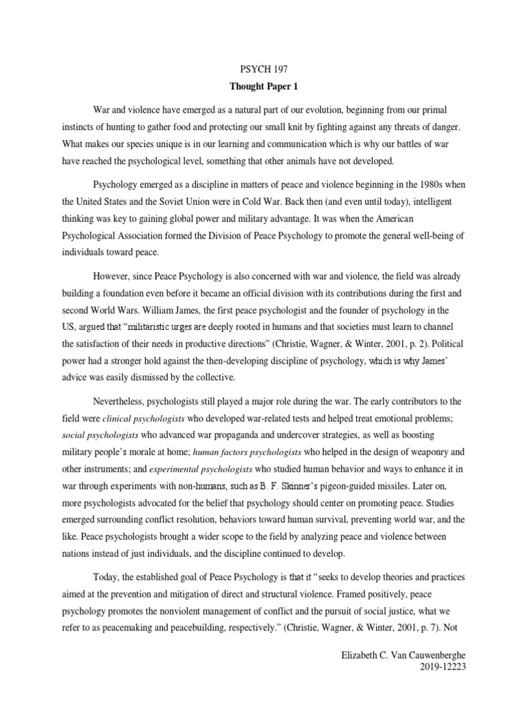 Psych197 - Thought Paper 1 | Download Free PDF | Psychology | Peace Psych197 - Thought Paper 1 | Download Free PDF | Psychology | Peace