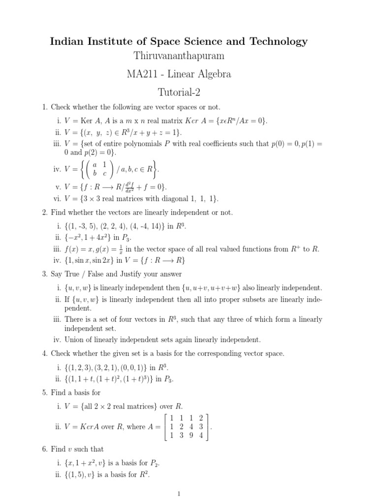 Tutorial 2 | PDF | Basis (Linear Algebra) | Linear Subspace