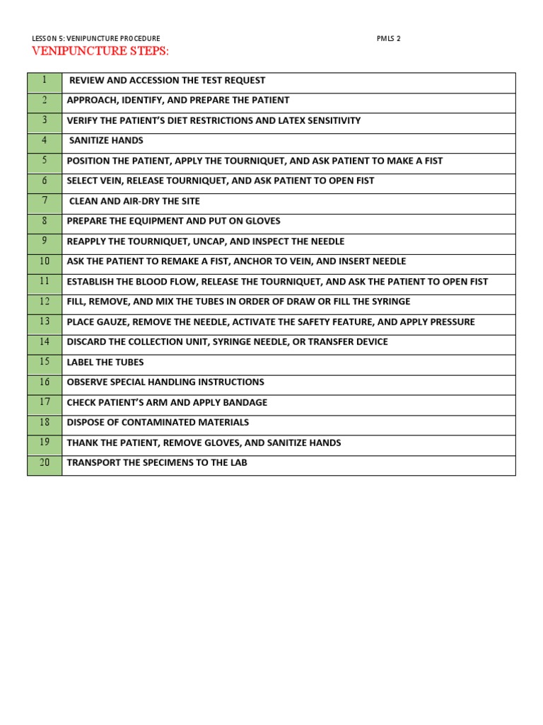 Lesson 5 Venipuncture Steps Notes | PDF | Equipment | Medical Specialties