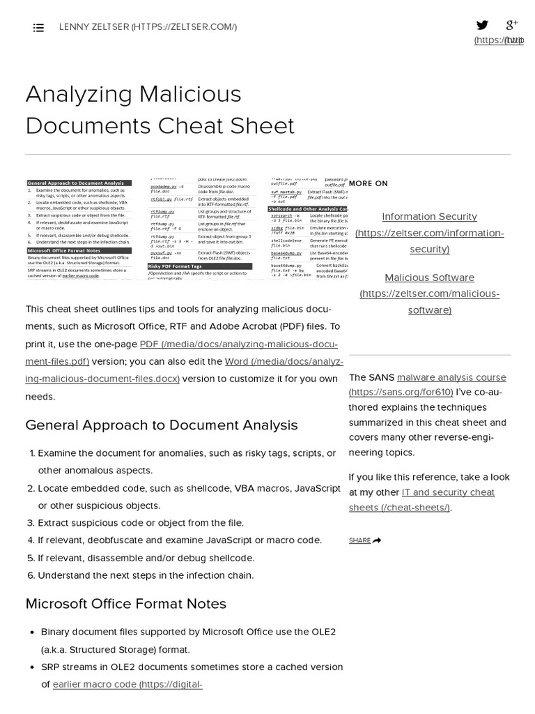Analyzing Malicious Documents Cheat Sheet Pdf Microsoft Excel Zip
