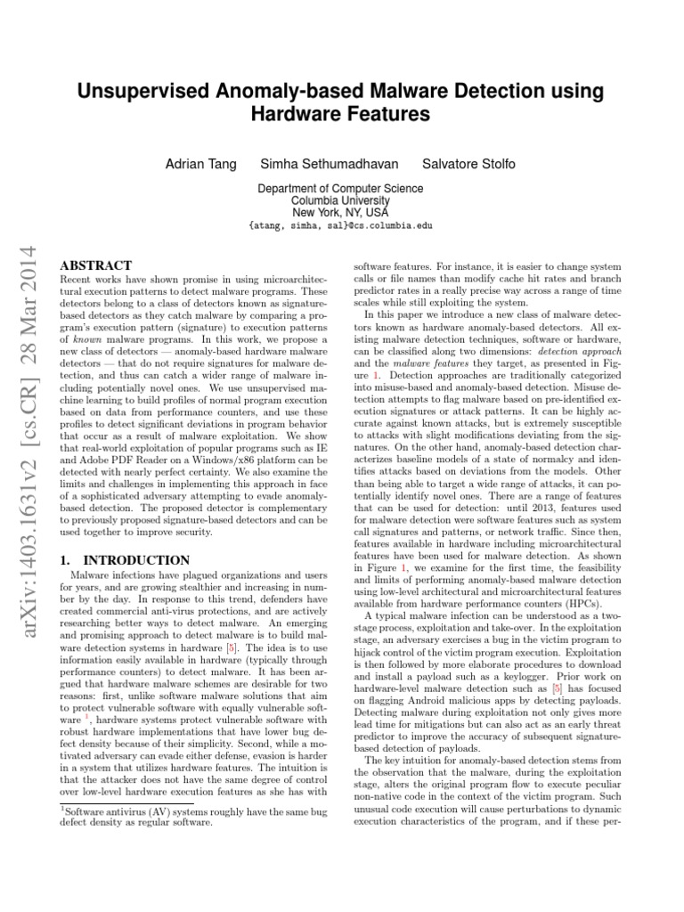 Unsupervised Anomaly-Based Malware Detection Using Hardware Features | PDF | Receiver Operating ...
