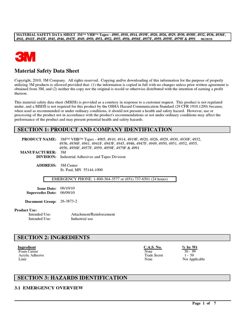 Msds Vhb Pdf Waste Management Incineration