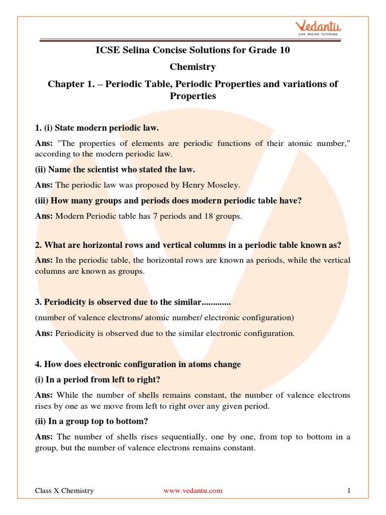 ICSE Selina Concise Solutions For Grade 10 Chemistry Chapter 1 ...