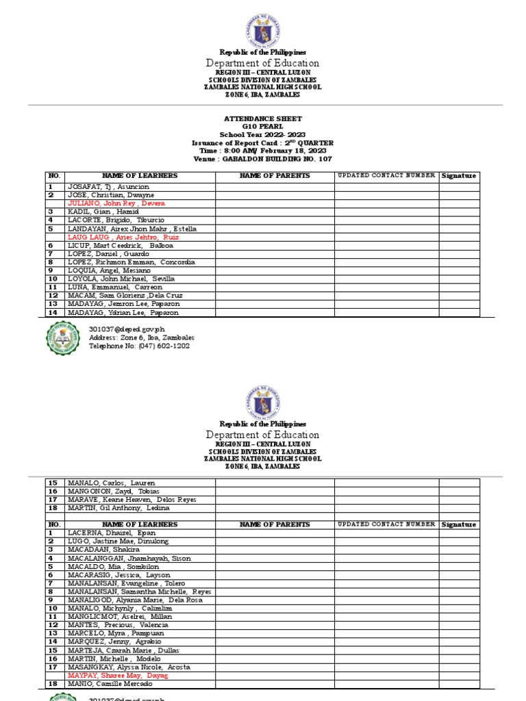 Attendance Sheet - PTA 2023 | PDF