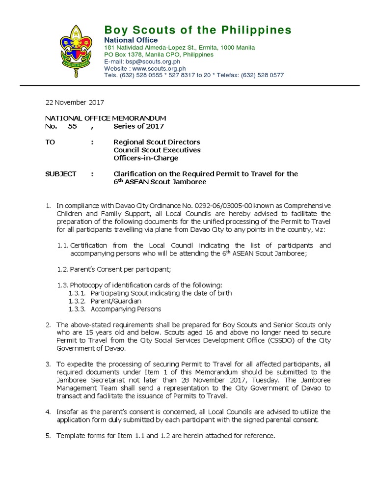 Boy Scouts Travel Permit Guide for ASEAN Jamboree | PDF | Informed Consent