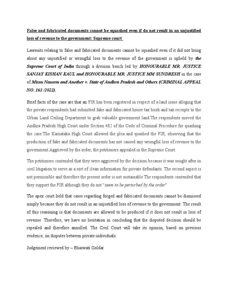False and Fabricated Documents Cannot Be Squashed Even If Do Not Result ...