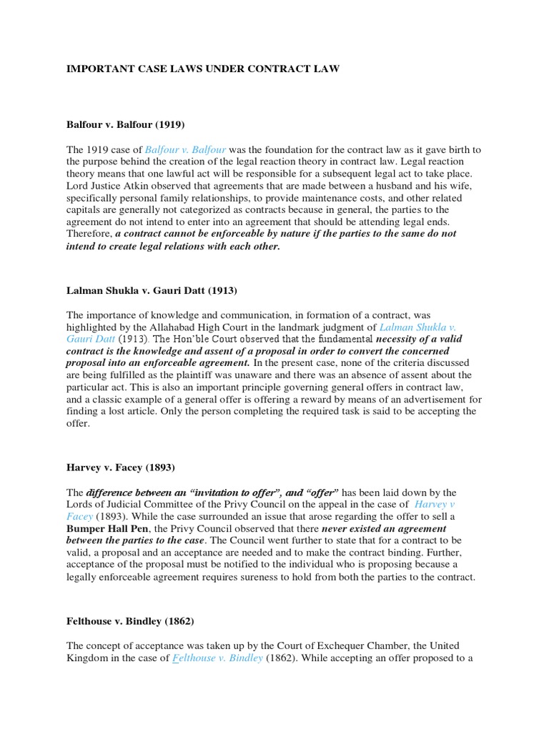 Key Landmark Cases in Contract Law | PDF | Negligence | Duty Of Care