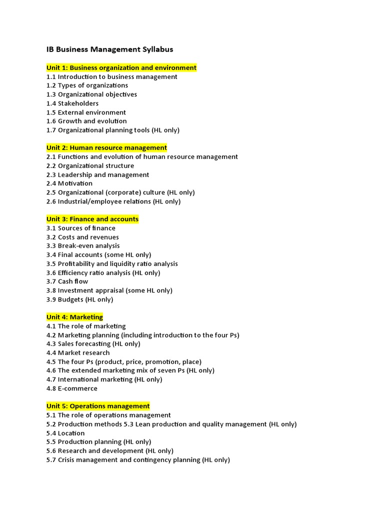 IB Business Management HL Syllabus | PDF