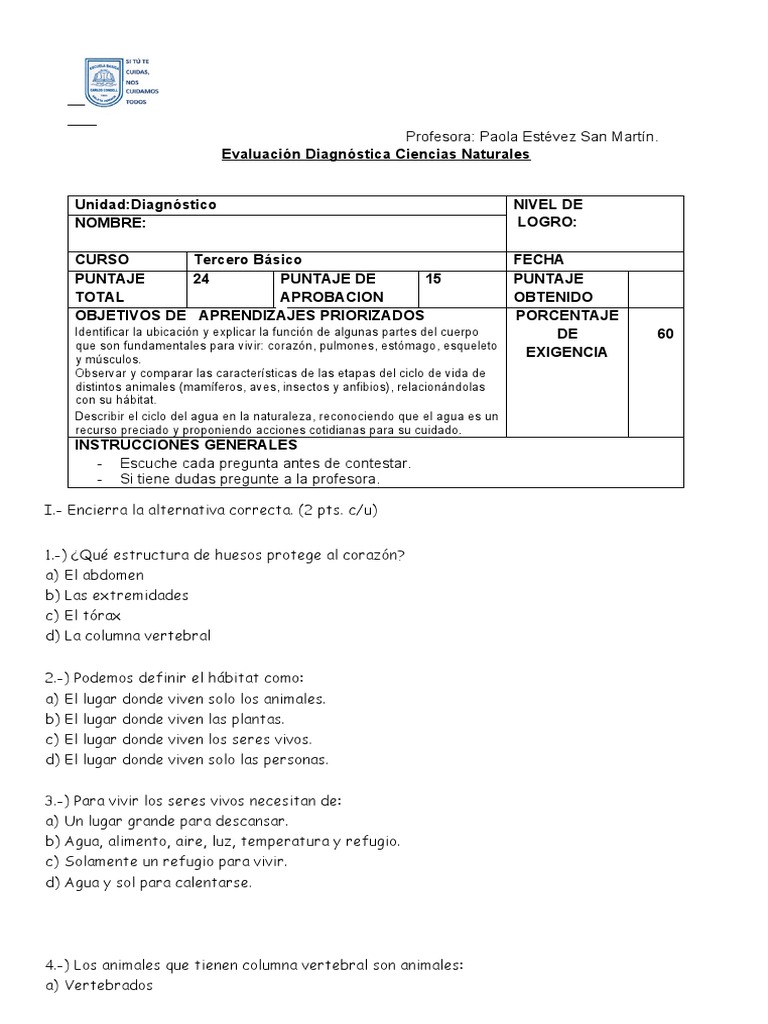 Diagnóstico Ciencias 3ero básico | PDF | Agua