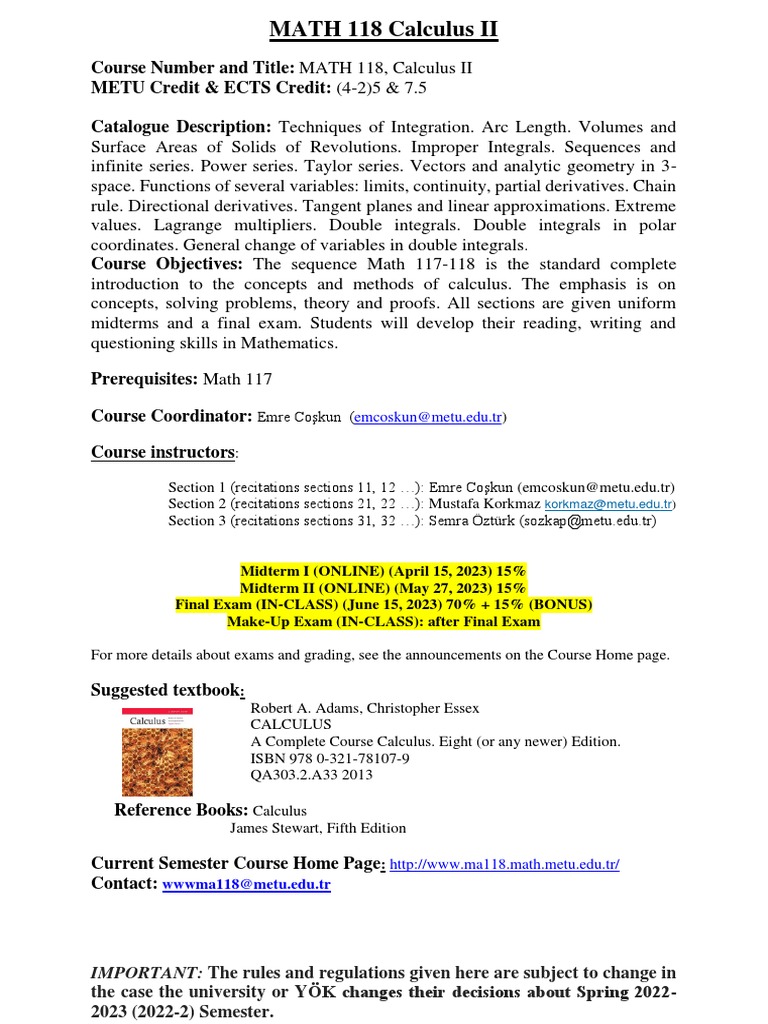 MATH 118 Calculus II (2022-2) Version-02 | PDF | Derivative | Integral