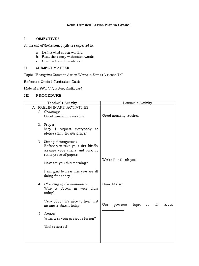 Semi-Detailed Lesson Plan in Grade 1: I Objectives | PDF | Teachers