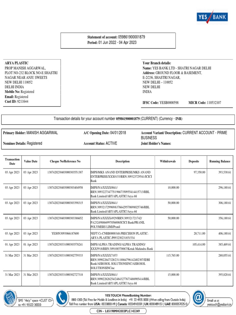 Yes Bank 1 1 March 2023 To 4 April 2023 | PDF | Transaction Account | Banks