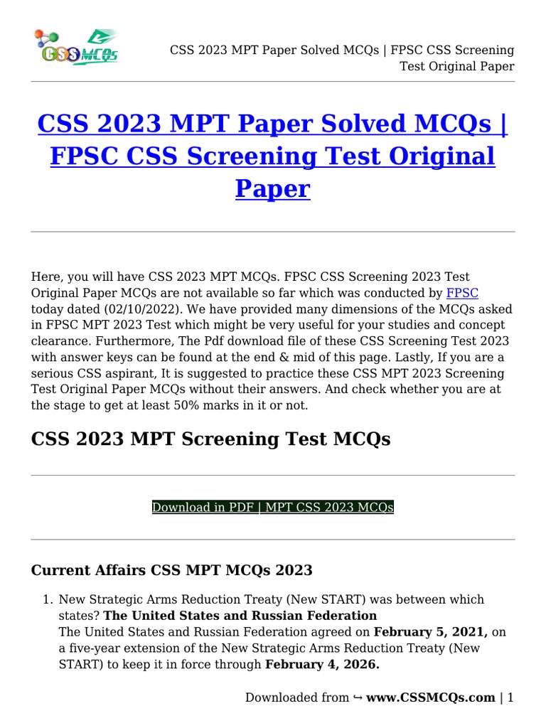 CSS 2023 MPT Paper Solved MCQs - FPSC CSS Screening Test Original Paper ...