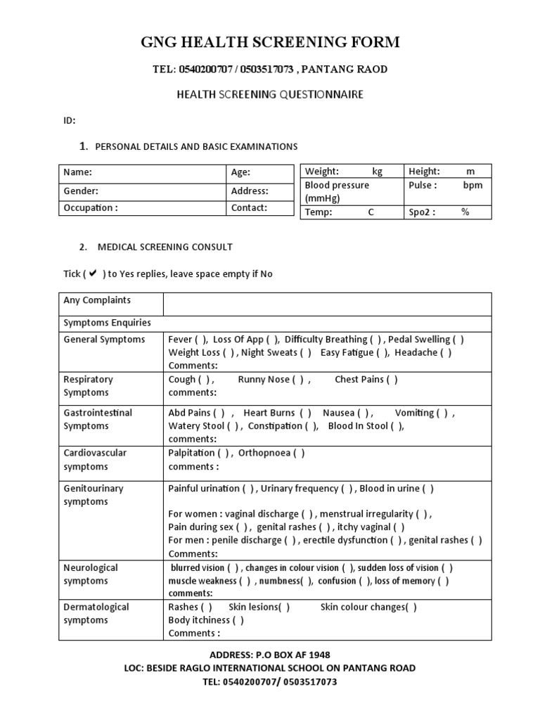 GNG Health Screening Form | PDF | Hepatitis | Clinical Medicine