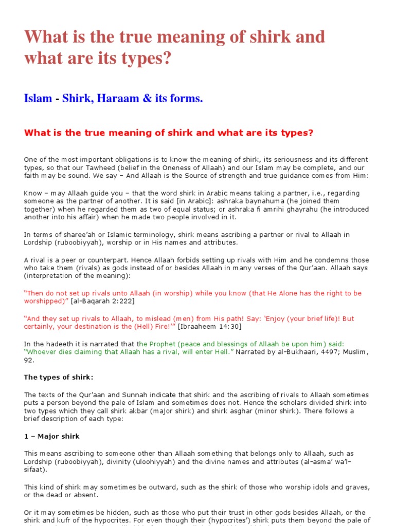 Types and Meaning of Shirk in Islam | PDF