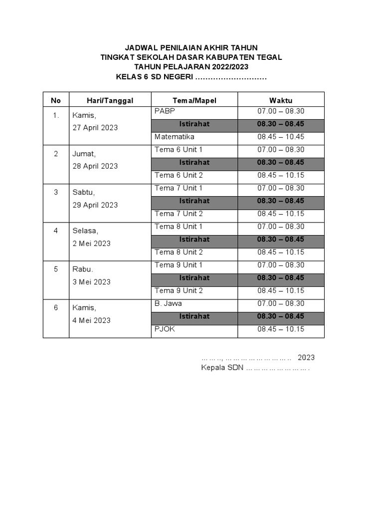 Jadwal Pat Kelas 6 | PDF