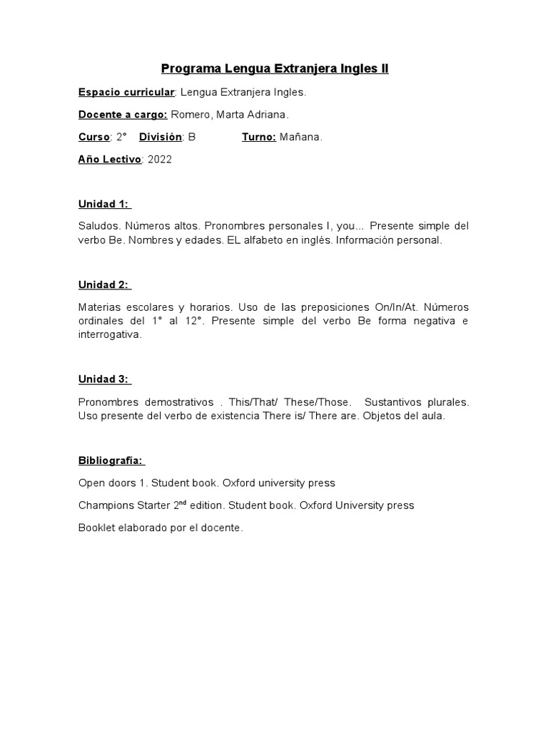 Programa Lengua Extranjera Ingles II | PDF | Evaluación | Segundo lenguaje