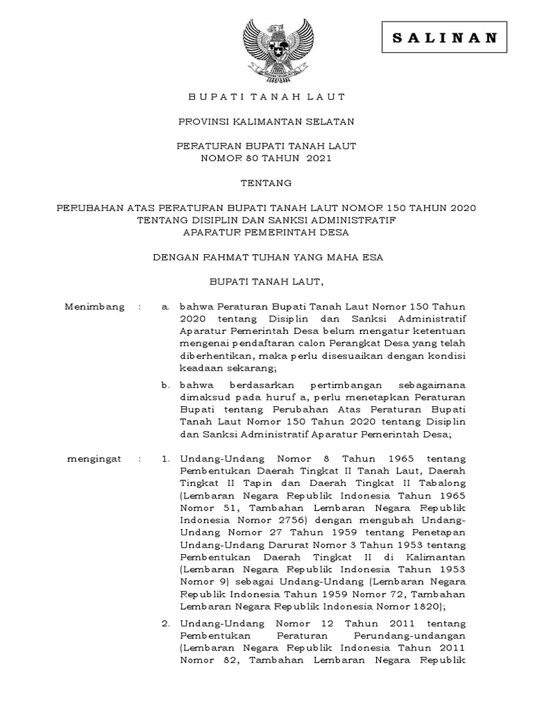 Perbup Tanah Laut Nomor 80 Tahun 2021 | PDF