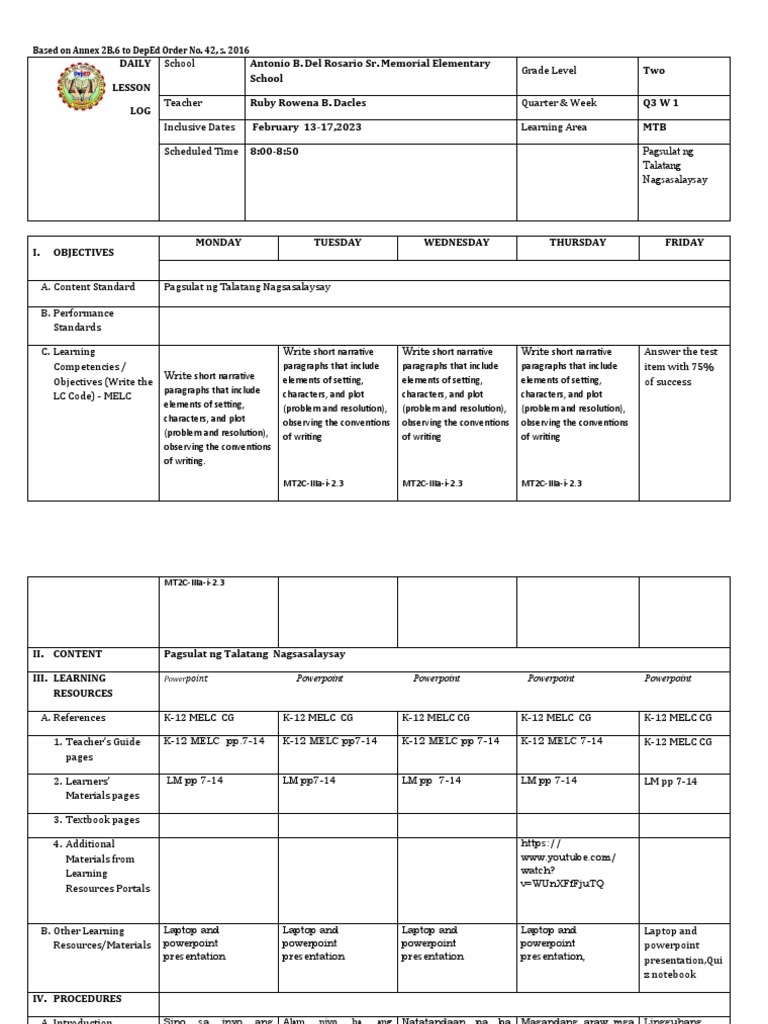 Daily Lesson LOG Antonio B. Del Rosario Sr. Memorial Elementary School Two Ruby Rowena B. Dacles ...