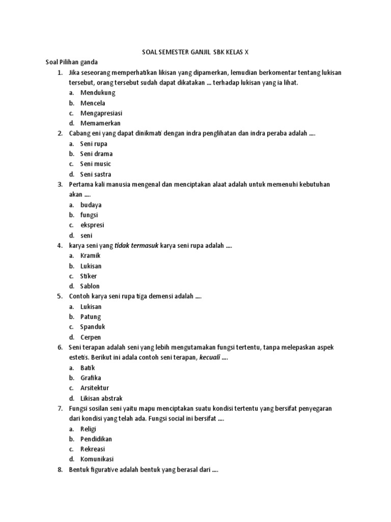 Soal MiD Semester SBK Kelas X | PDF | Metode & Bahan Ajar | Griya & Taman