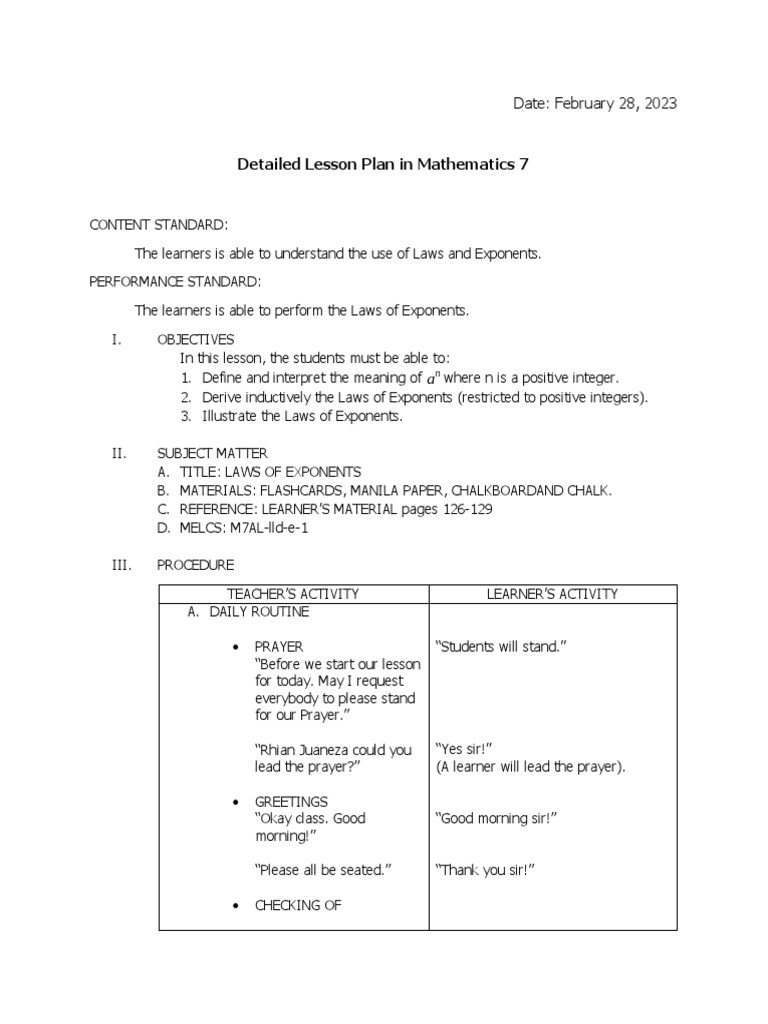 Detailed Lesson Plan in Math 7 Law of Exponents | PDF | Exponentiation ...