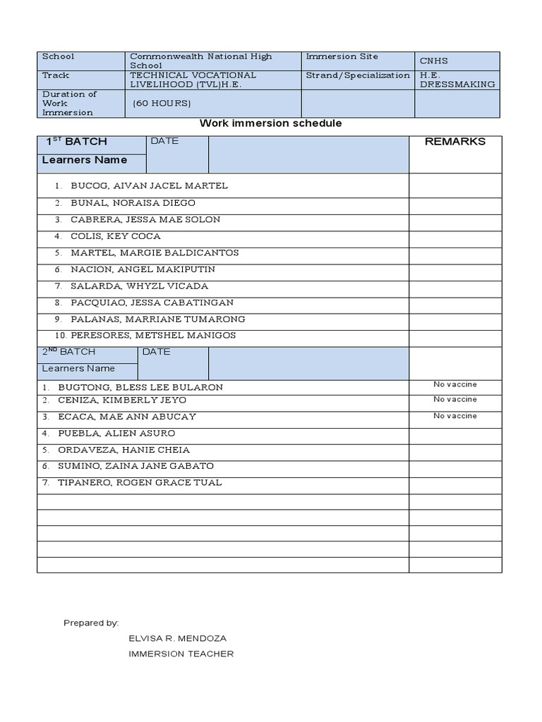 Work Immersion Schedule | PDF