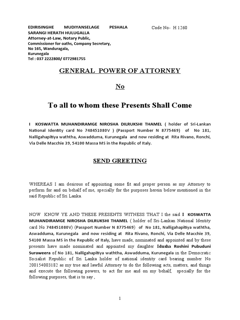 To All To Whom These Presents Shall Come: General Power of Attorney No ...
