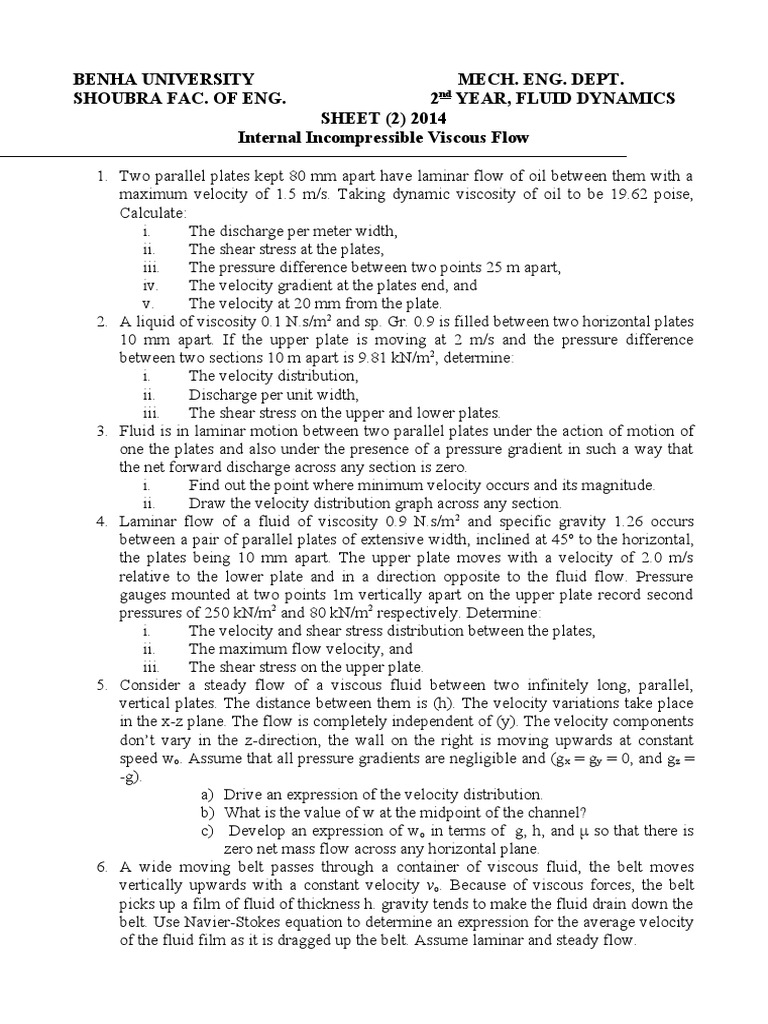 Sheet - 2-Iternal Incompressible Viscous Flow | PDF | Fluid Dynamics | Viscosity