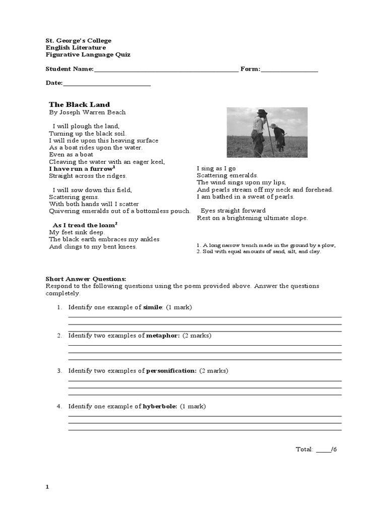 First Form Figurative Language Quiz | PDF | Metaphor | Poetic Devices