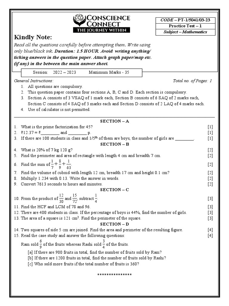 Practice Paper - 1 Maths Class 5 | PDF | Area | Mathematics