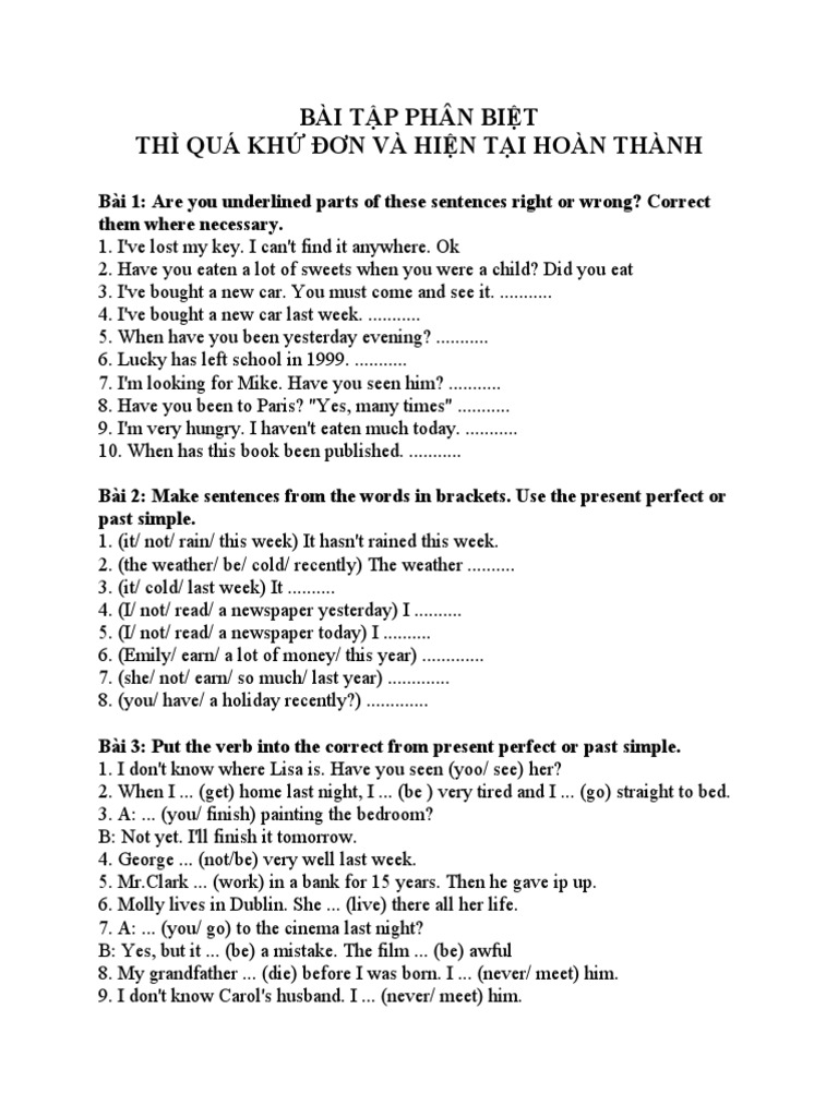 BÀI TẬP PHÂN BIỆT QKĐ HTHT | PDF | Language Arts & Discipline