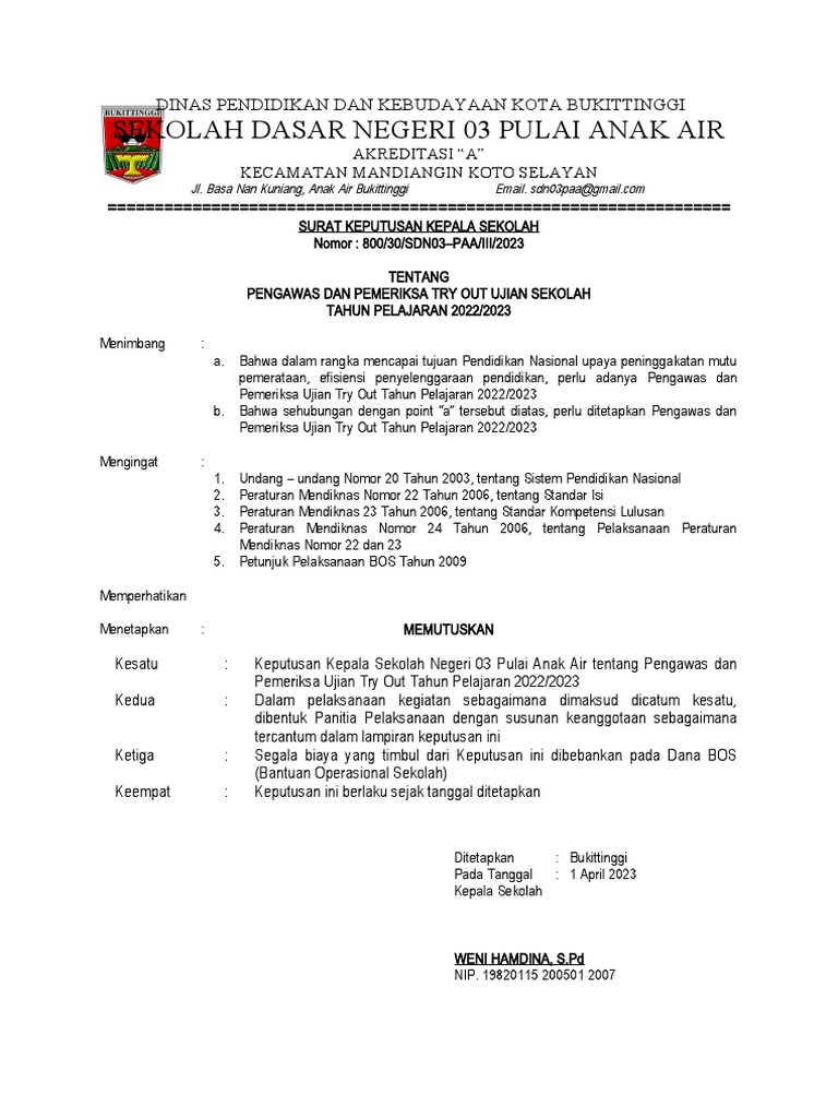 SK Pengawas Dan Pemeriksa Ujian Try Out 2023 | PDF