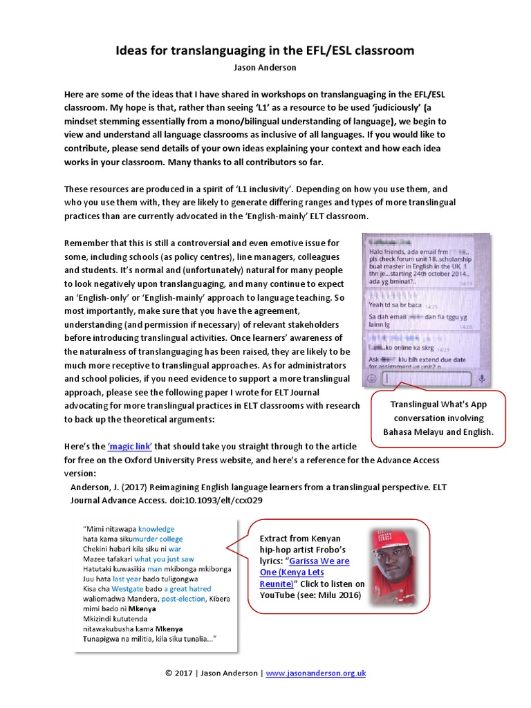 Jasons Ideas For Translanguaging in The EFL ESL Classroom | PDF ...