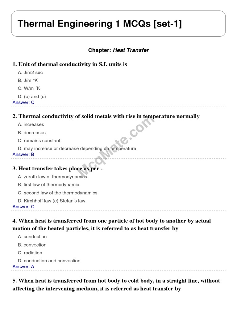 Thermal Engineering 1 Mcqs (Set-1) : Chapter: Heat Transfer | PDF ...