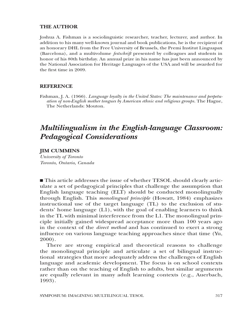 Multilinguasim In Esl Classroom Pedagogical Considerations Pdf