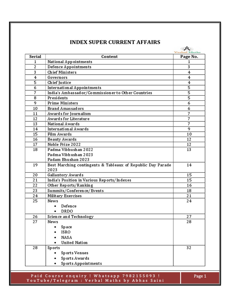Index Super Current Affairs | PDF