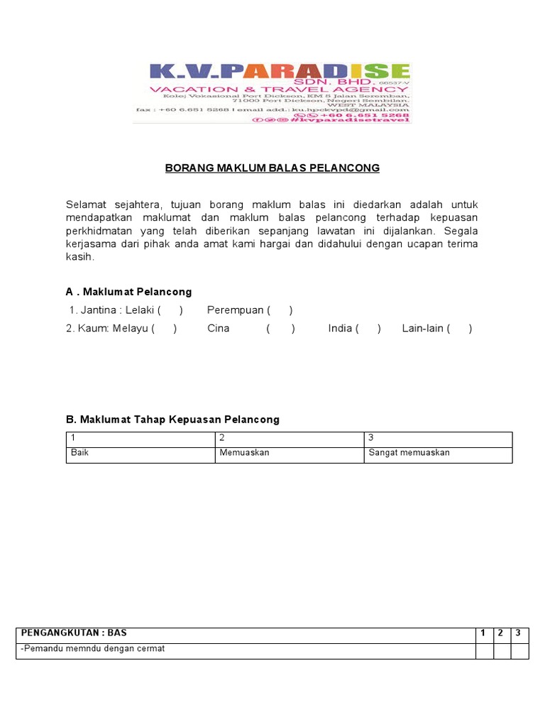 Borang Maklum Balas Pelancong Muzium | PDF | Perjalanan