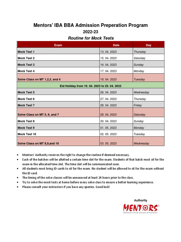 Mentors' IBA BBA Admission Preperation Program: Routine For Mock Tests ...