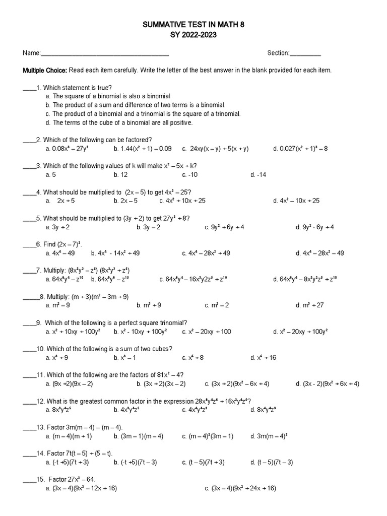 1st Periodic Test - Math 8 | PDF | Factorization | Arithmetic