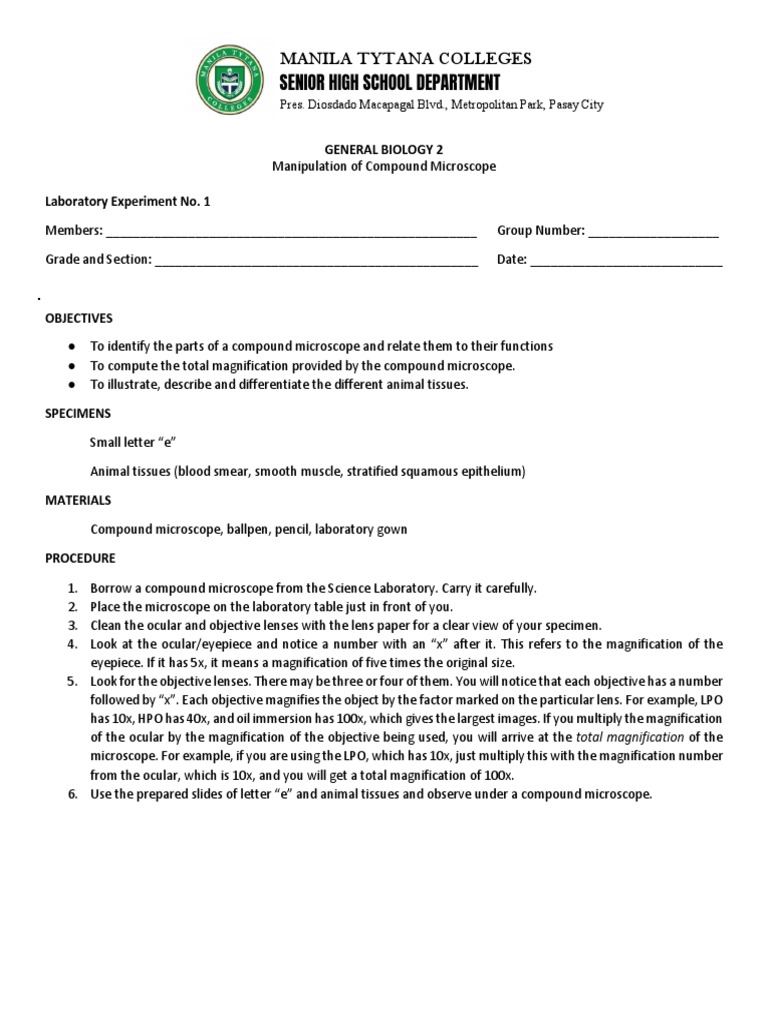 Lab Experiment 1 Micros | PDF | Microscope | Tissue (Biology)