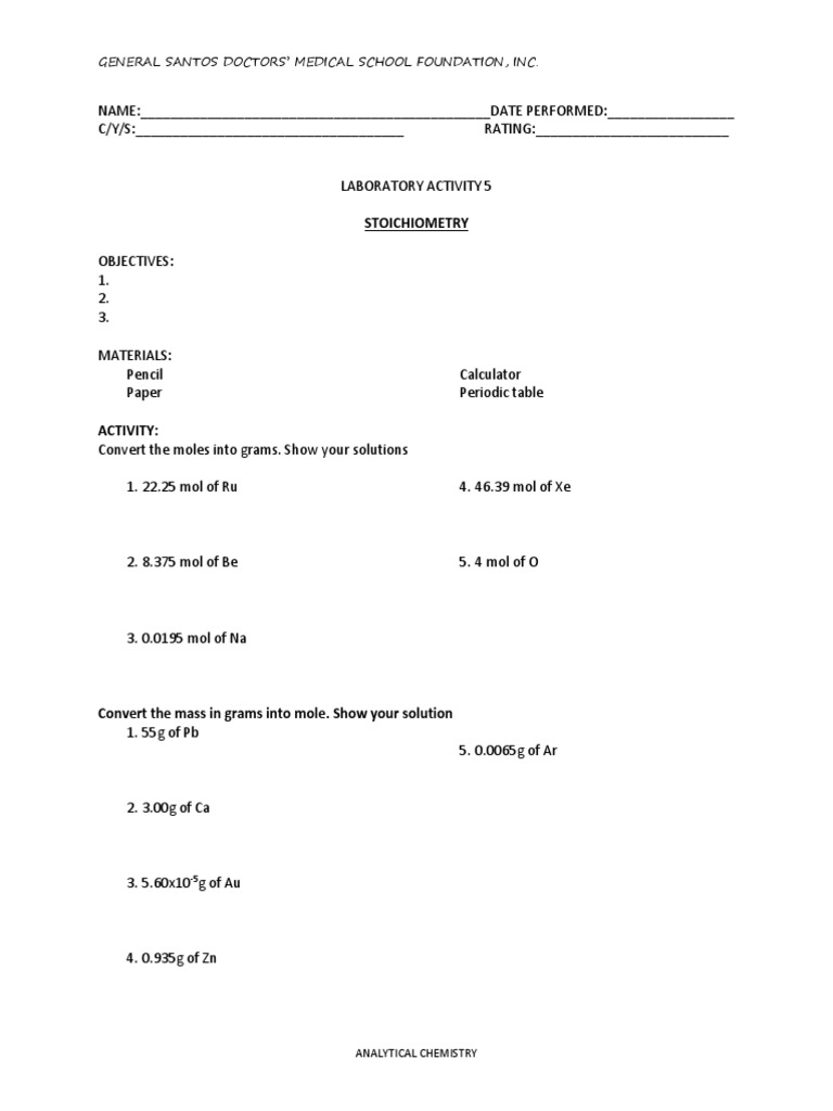 Activity 5 Stoichiometry | PDF | Mole (Unit) | Stoichiometry