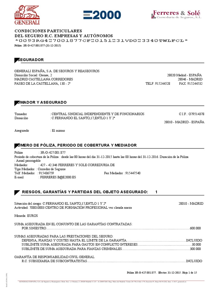 Ejemplo Póliza de Seguros | PDF | Seguro