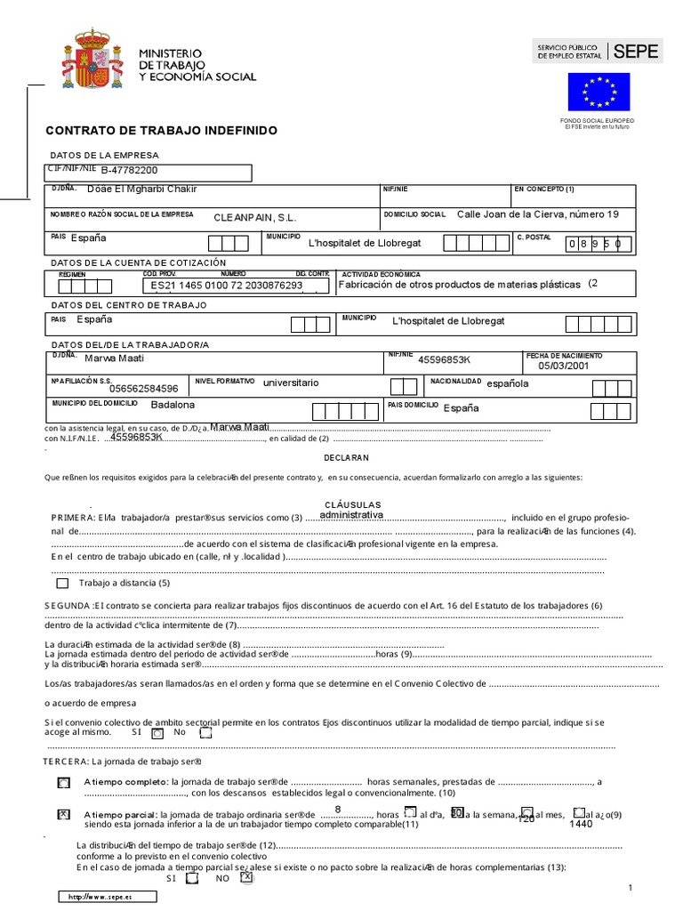 Contrato de Trabajo Indefinido en España | PDF | Tiempo de trabajo ...