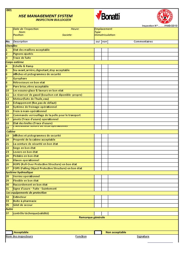 Fiche d'Inspection Bulldozer | PDF | Sécurité routière | Véhicules