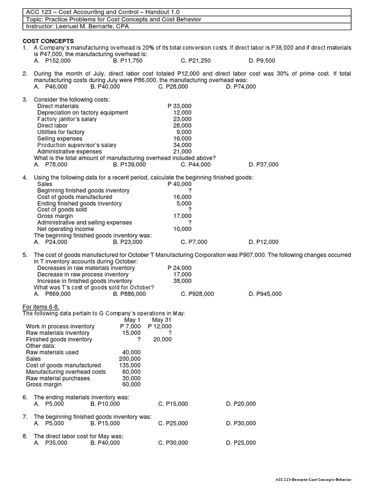 Handout-1.0-ACC-123-Practice-Problems-for-Cost-Concepts-and-Cost-Behavior | PDF | Inventory ...